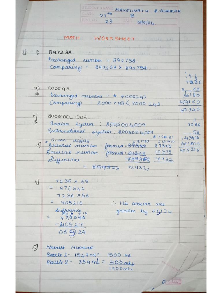 Worksheet 1 Soln 6th | PDF