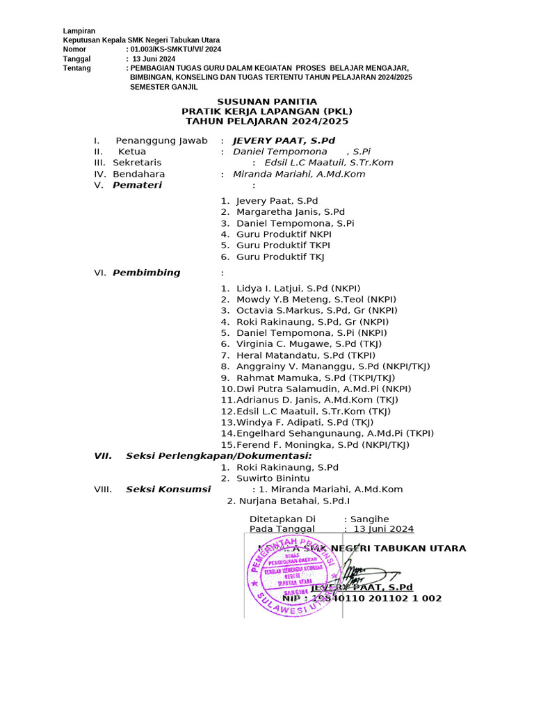 Lampiran SK Panitia PKL 2024 | PDF | Perjalanan
