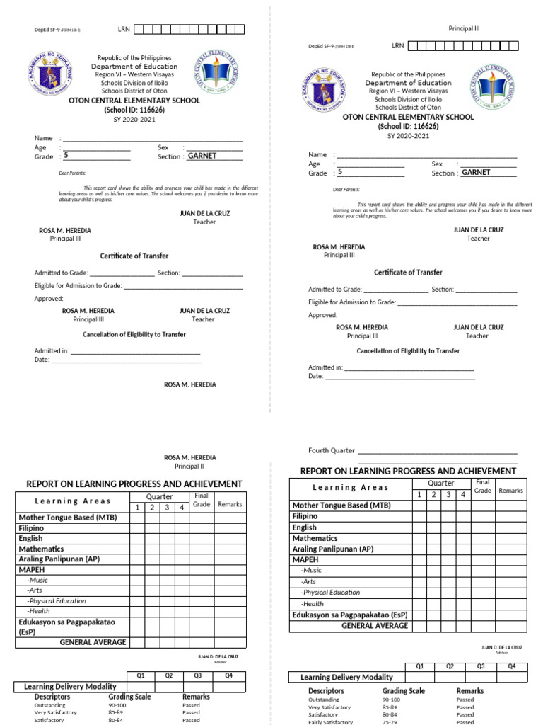 DepEd SF-9 Report Card Template | PDF