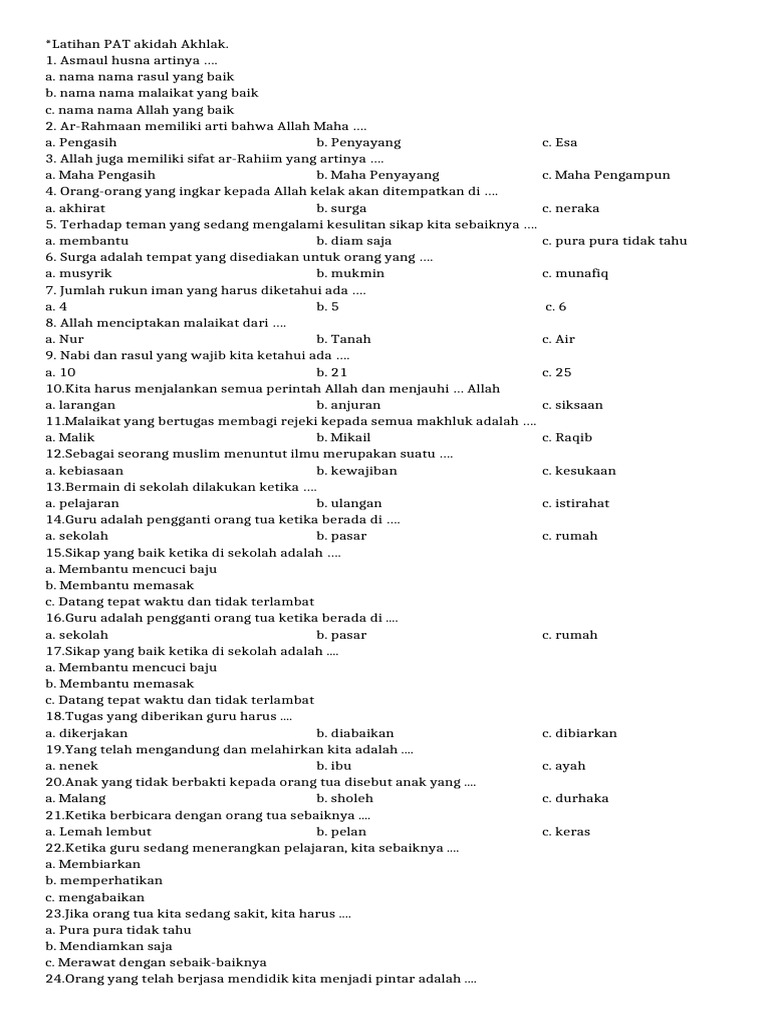 Latihan PAT Akidah Akhlak | PDF