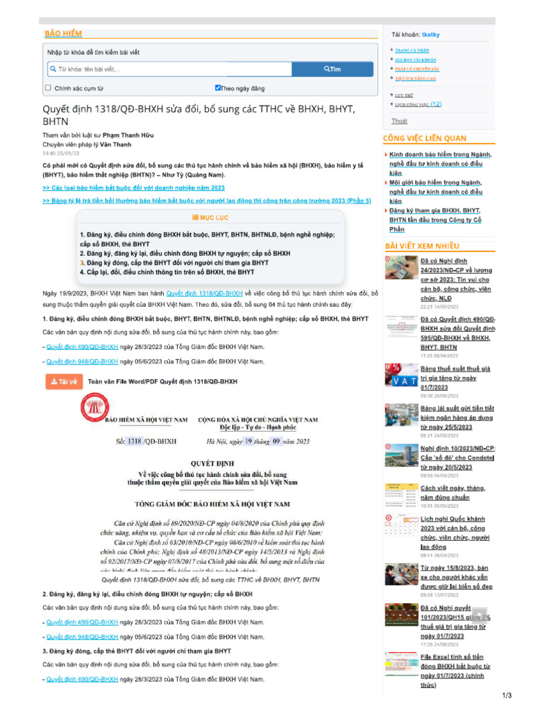 Quyết định 1318 QĐBHXH sửa đổi, bổ sung các TTHC về BHXH, BHYT, BHTN | PDF