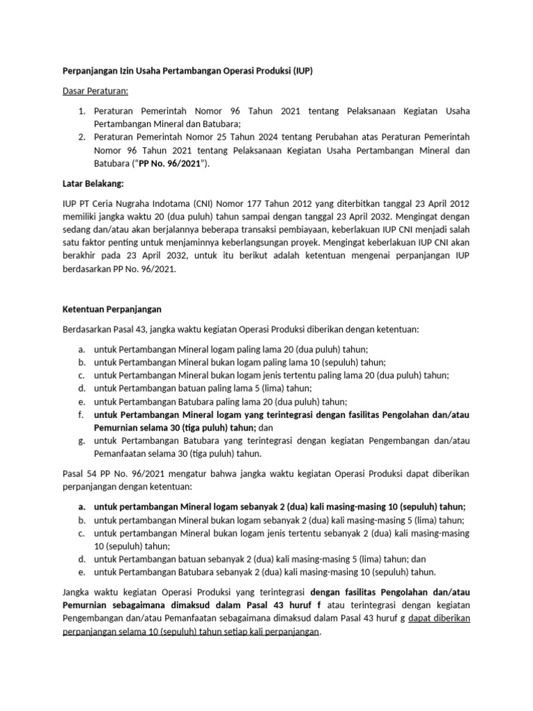 Perpanjangan IUP Operasi Produksi CNI | PDF