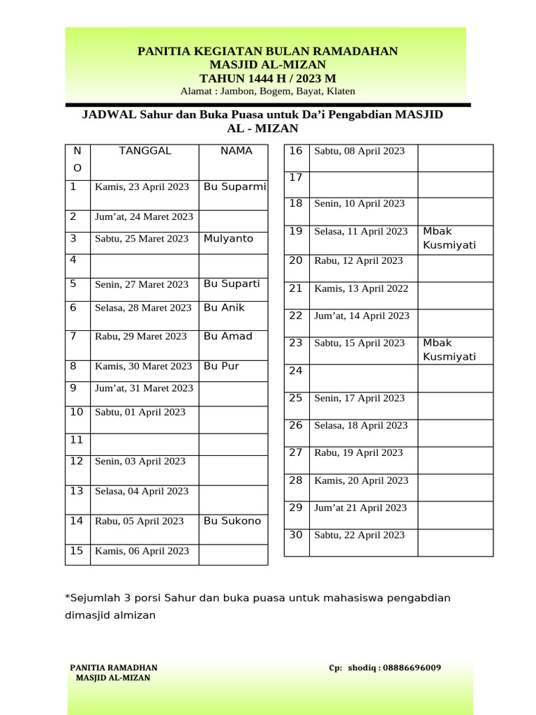 Jadwal Takjil TPA 2023 | PDF