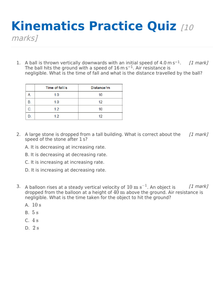 Kinematics Practice Quiz | PDF | Kinematics | Speed