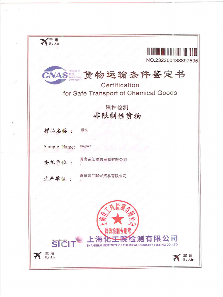 Certification Safe Transport of Chemical Goods Magnet - For Air 3X3 | PDF