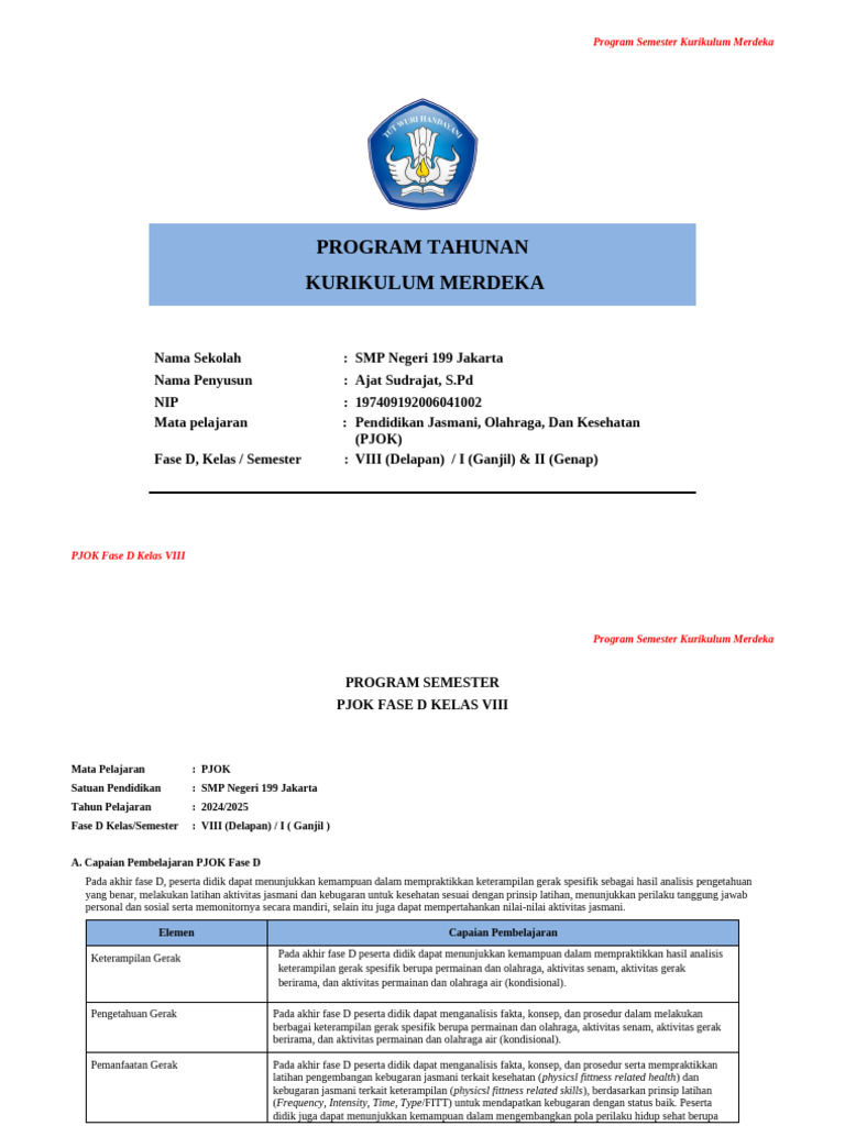 Program Semester PJOK Kelas VIII 2024 | PDF