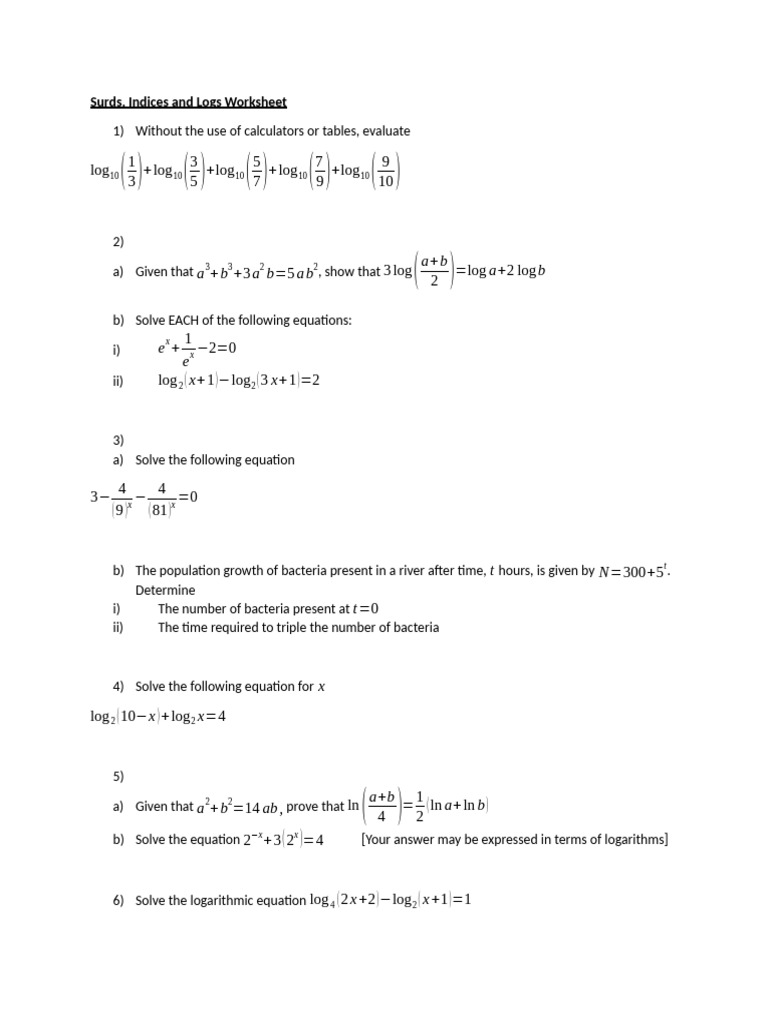 Surds, Indices and Logs Worksheet | PDF