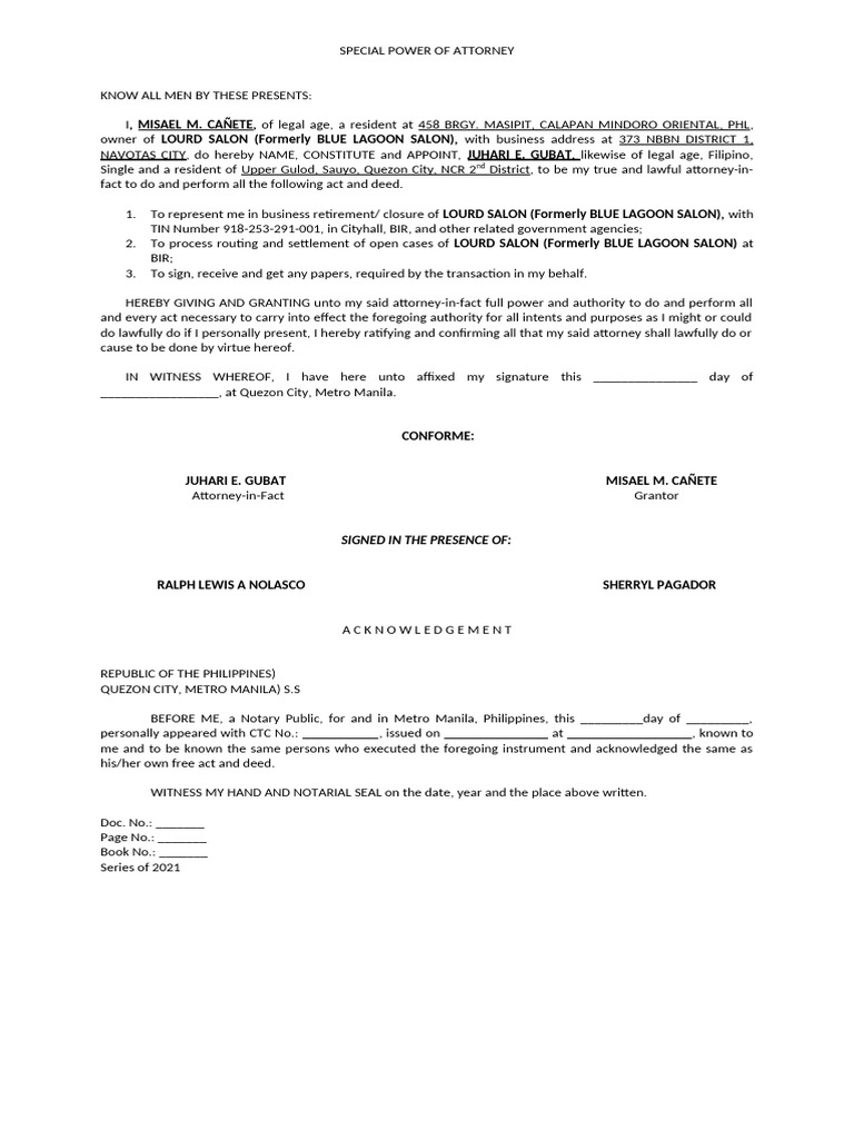 Spa - Misael Canete Bir Closure | PDF | Power Of Attorney | Civil Law ...