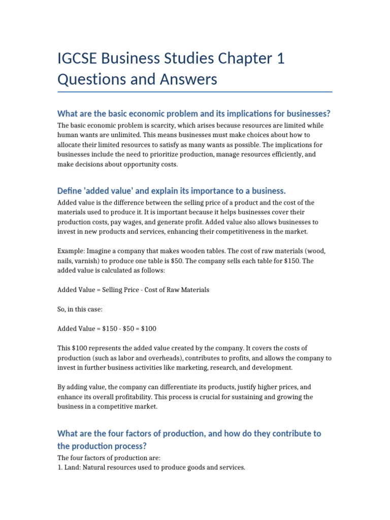 IGCSE Business Studies Chapter 1 QA | PDF | Opportunity Cost | Cost