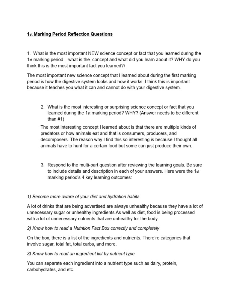 Biology, 1st Marking Period Reflection | PDF | Foods | Nutrients