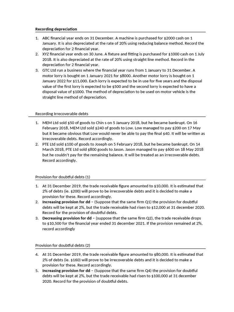 Extra Accounting Exercise Depreciatio, Irrecoverable Debts, Provision For DD | PDF ...