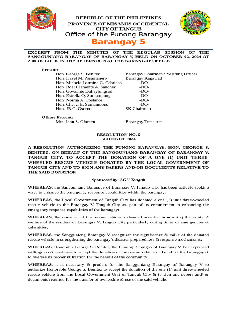 Barangay Resolution For Bao2 Donation | PDF | Government