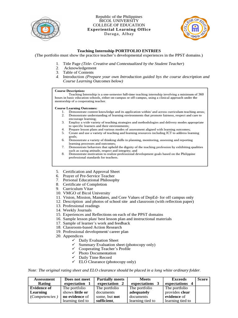 Parts of Teaching Internship Portfolio | PDF | Teachers | Learning