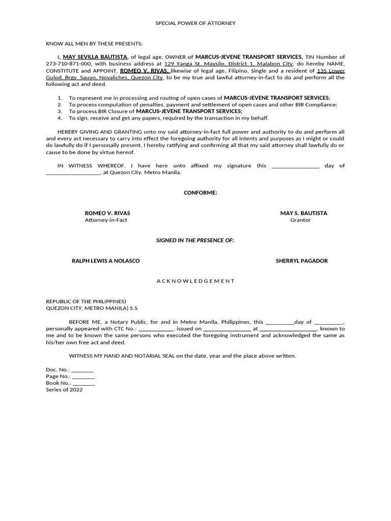 Special Power of Attorney Notice | PDF | Power Of Attorney | Civil Law ...