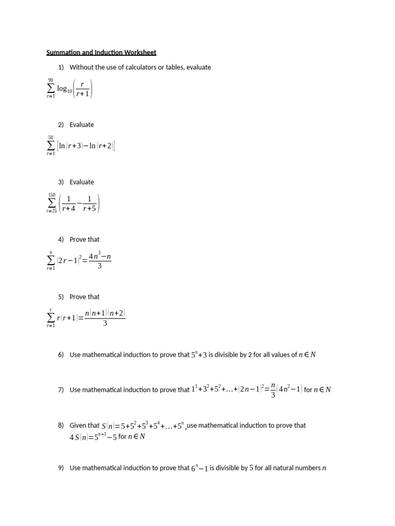 Summation and Induction Worksheet | PDF