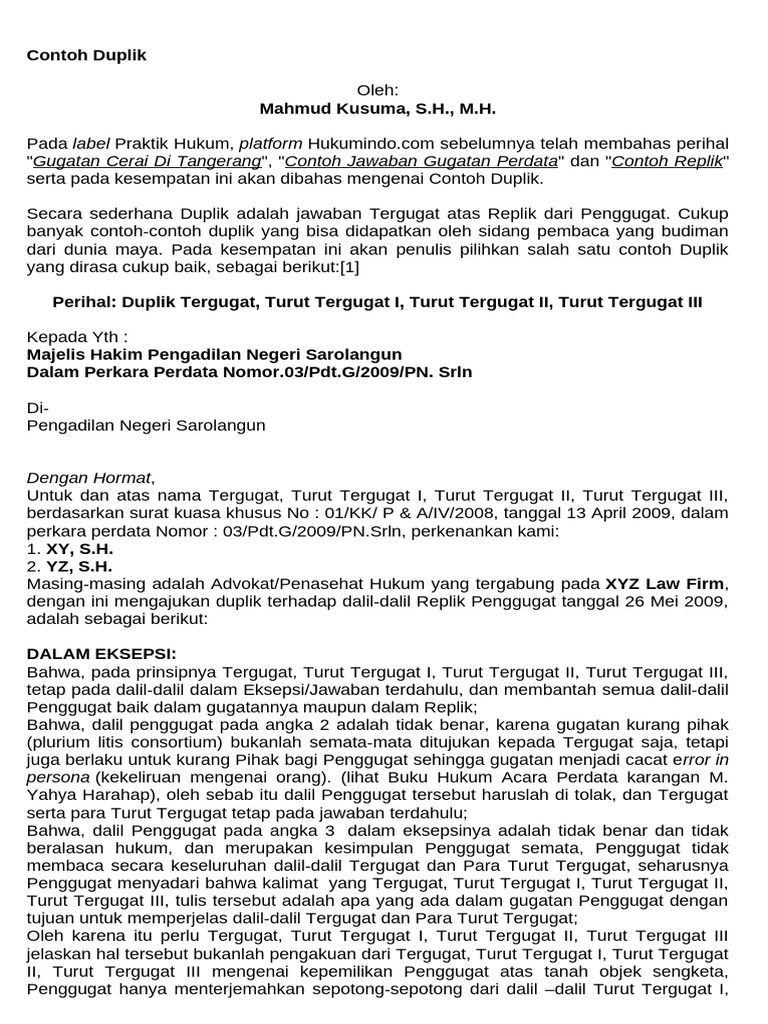 Contoh Duplik & Replik KH. NOTO | PDF | Hukum