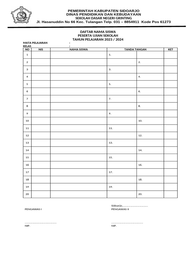 Daftar Hadir Peserta Ujian Sekolah | PDF