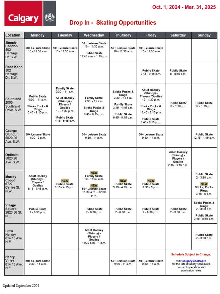 All Arenas Drop in Schedule | PDF | Ice Hockey | Team Sports