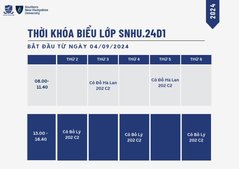 Thời Khóa Biểu Lớp SNHU.24D1 | PDF