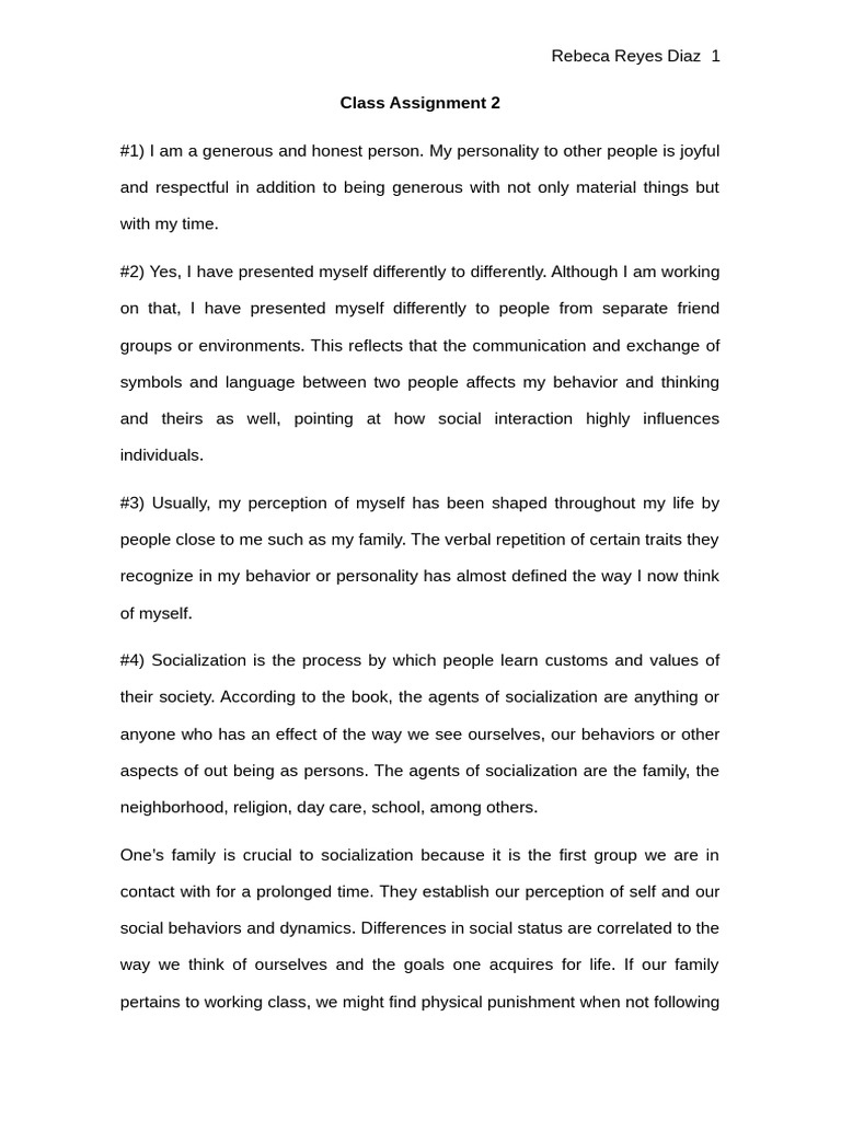 SOC 101 - Class Assignment 2 | PDF | Socialization | Family