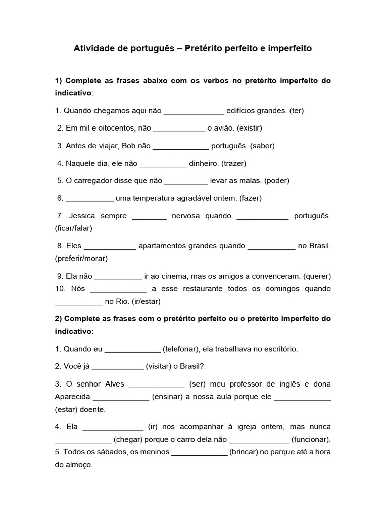 Atividade de Português - Preterito Perfeito e Imperfeito | PDF