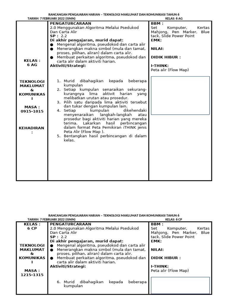 Rancangan Pengajaran Harian - Teknologi Maklumat Dan Komunikasi Tahun 6 Tarikh: 7 Februari 2022 ...