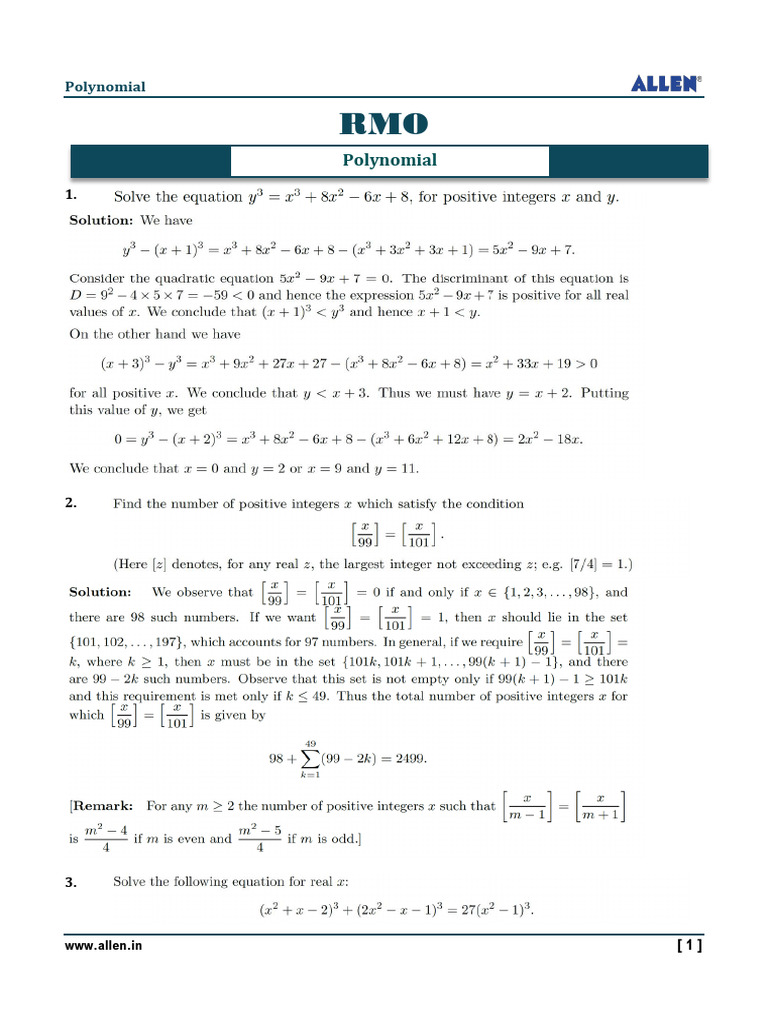 RMO - Polynomial - With Soluion | PDF