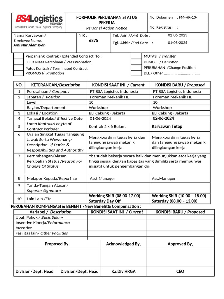 Form-Perubahan Status Karyawan (Personal Action) - BLI 1 | PDF | Bisnis