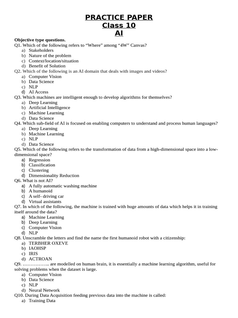 Class 10 PRACTICE PAPER AI | PDF | Artificial Intelligence | Intelligence (AI) & Semantics