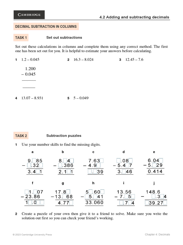 Decimal Subtraction Exercises and Puzzles | PDF