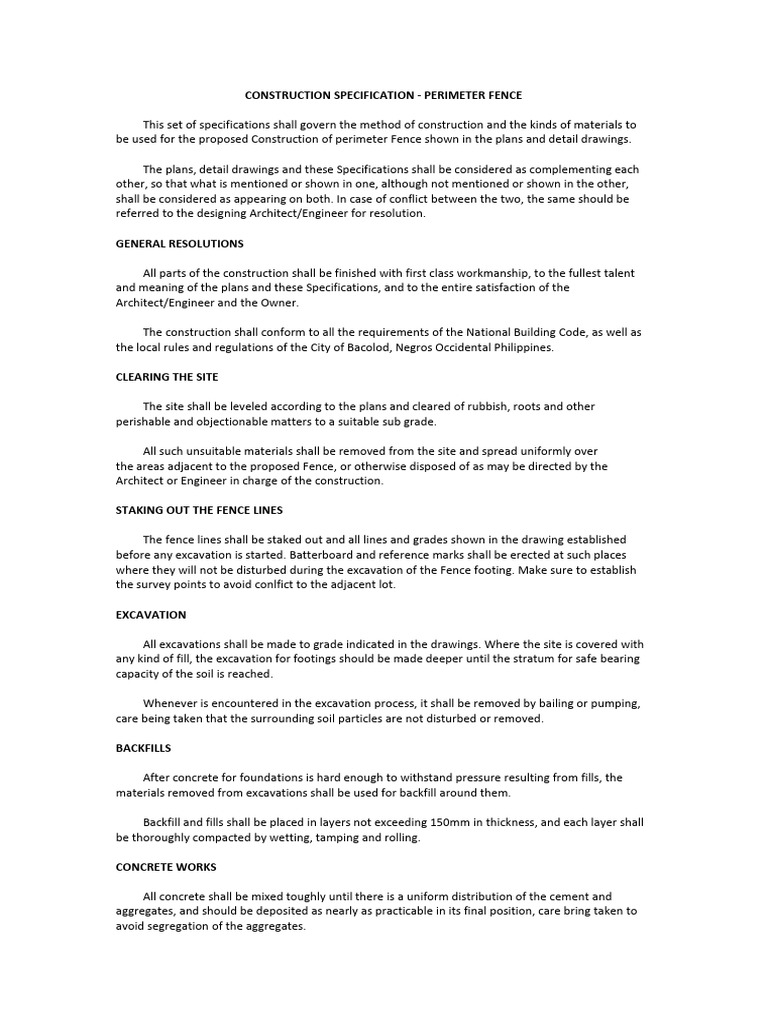 Project Specification Perimeter Fence - Entila Residence. | PDF | Concrete | Plaster