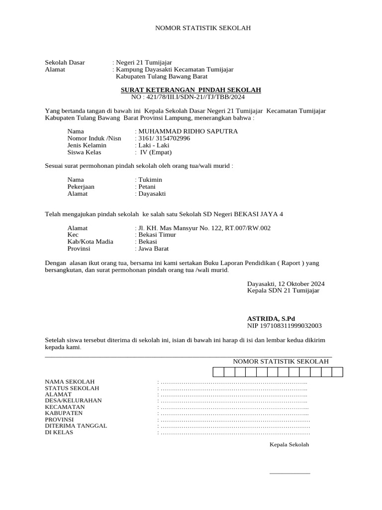 Surat Pindah Muhammad Ridho Saputra | PDF