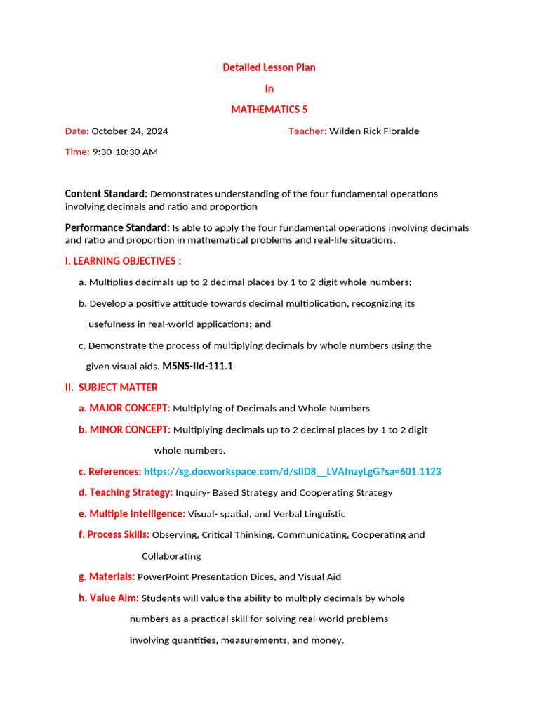 Lesson Plan Math Pdf Multiplication Numbers