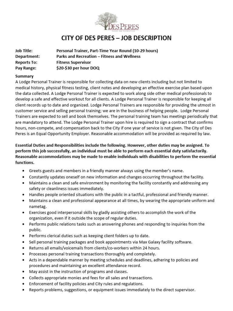 Personal Trainer Job Description 8 29 19 - 202302160939535928 | PDF ...
