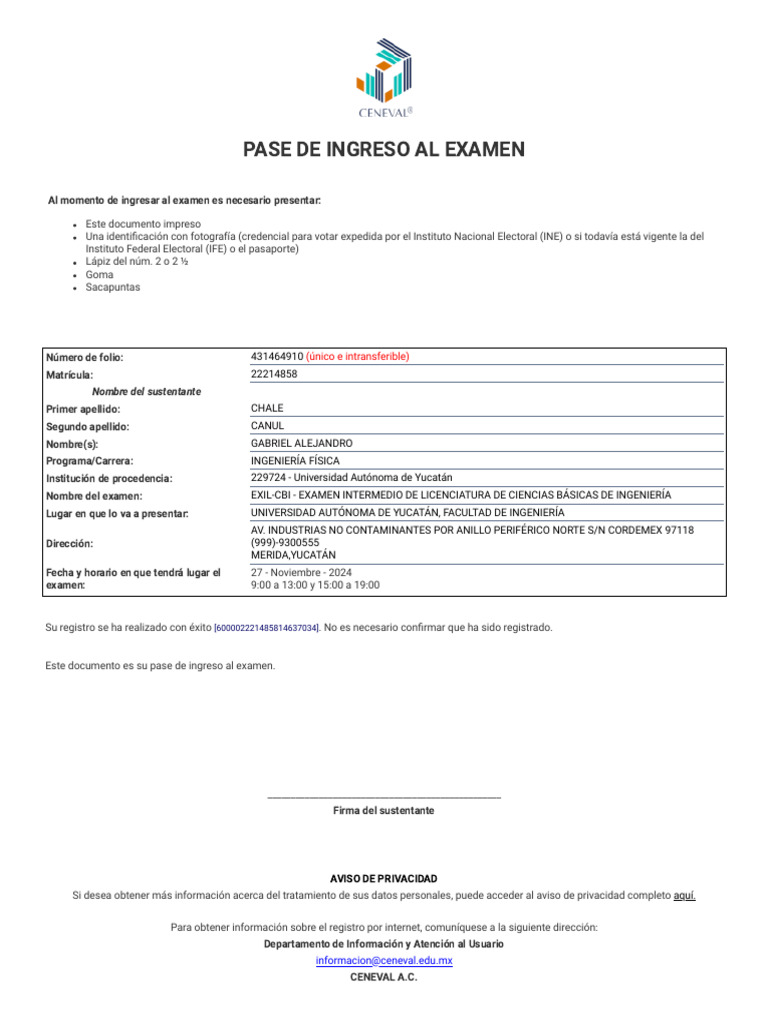 Pase de Ingreso Al Examen | PDF