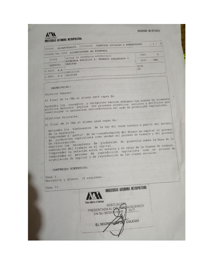 PROGRAMA UEA Economía Política I | PDF