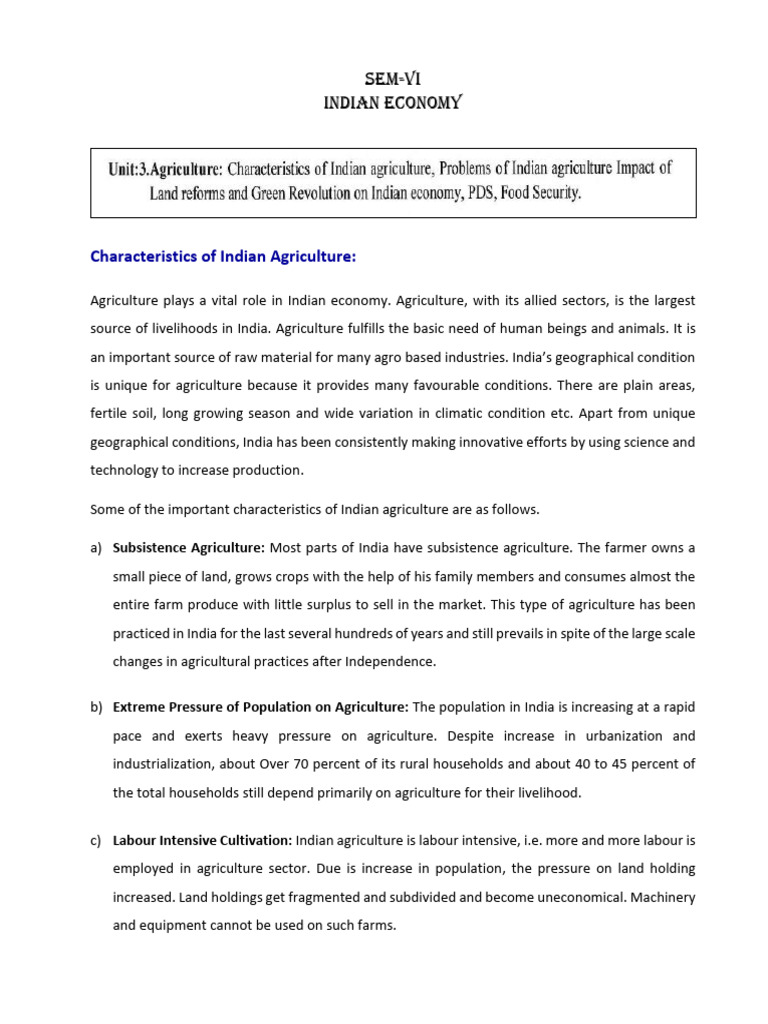 Indian Eco Unit 3 Agriculture | PDF | Agriculture | Green Revolution