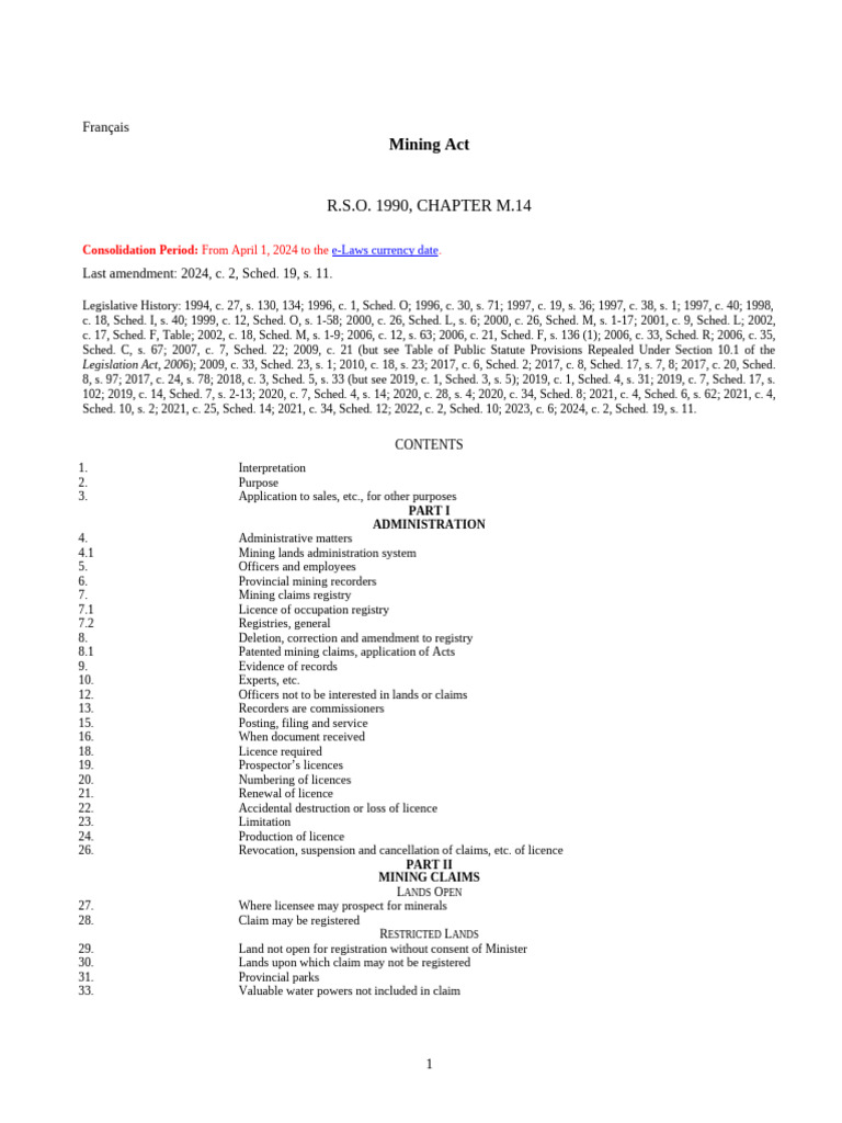 R.S.O. 1990, CHAPTER M.14: Mining Act | PDF | Mineral Rights | License