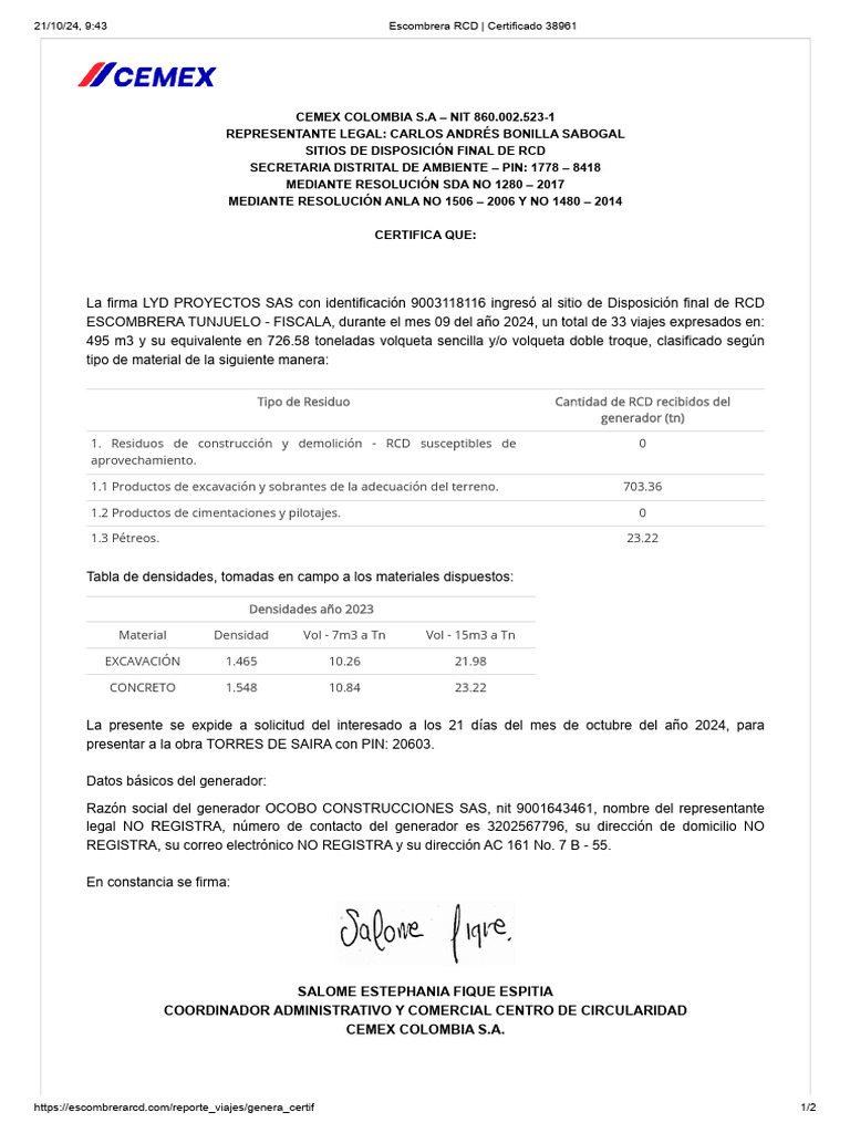 Escombrera RCD - Certificado 38961 | PDF