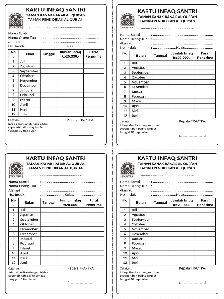 Kartu Infaq Santri TKA/TPA | PDF