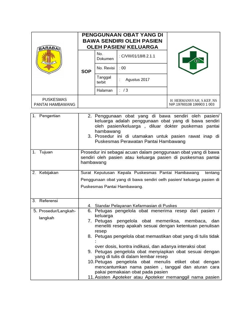 SOP Penggunaan Obat Pasien Sendiri | PDF | Pengembangan Diri ...