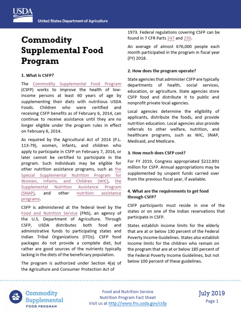 CSFP Program Fact Sheet 2019 | PDF | Wic | Supplemental Nutrition ...