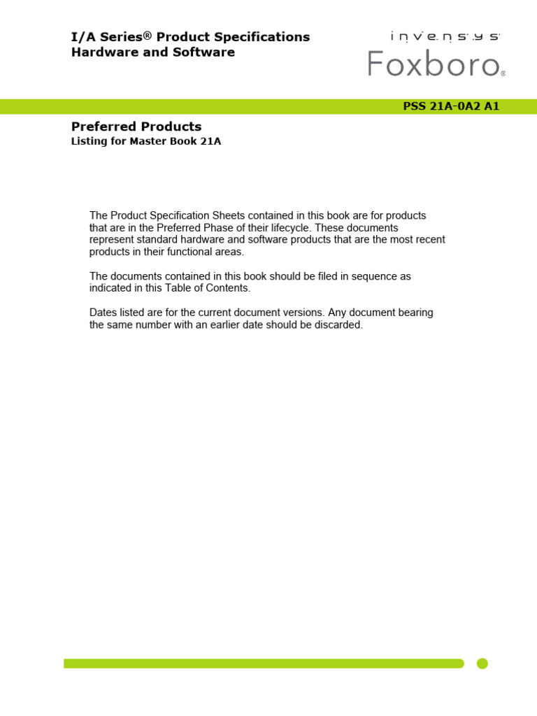 I/A Series Product Specifications Hardware and Software: PSS 21A-0A2 A1 ...