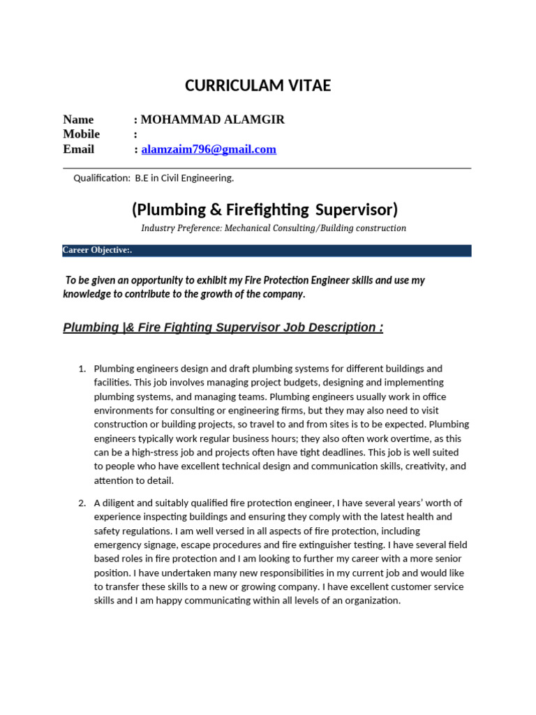 Sagre Alam (Plumbimg Foreman) | PDF | Firefighting | Fire Safety