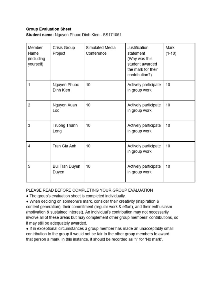 Group Evaluation Form | PDF