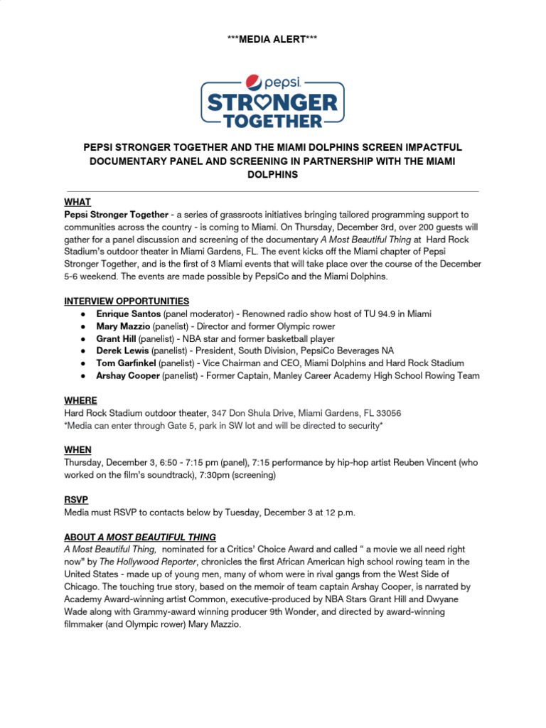 MEDIA ALERT - Pepsi Stronger Together Kicks Off in Miami | PDF | Pepsi ...