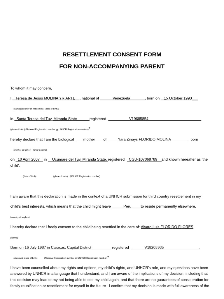 Resettlement Consent Form for Parents | PDF | Family | Childhood