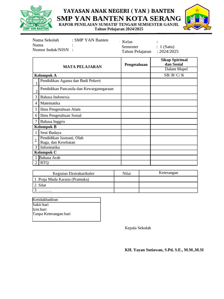 Format Raport Kurikulum 2013 Untuk SMP B | PDF
