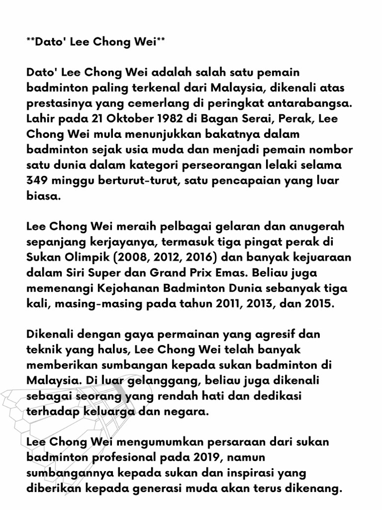 Dato' Lee Chong Wei Dato' Lee Chong Wei Adalah Salah Satu Pemain ...