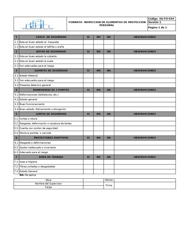 Sg-Fo-034 Formato Inspeccion de Epp | PDF